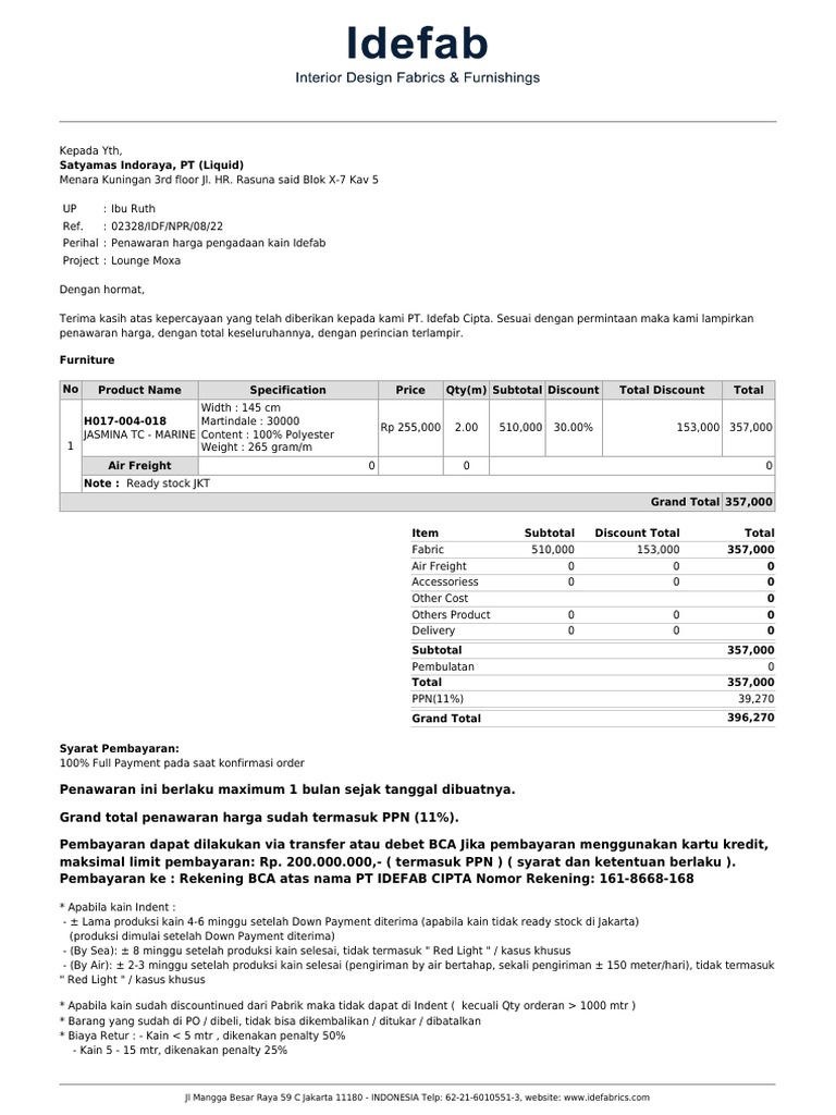 Ref.02328 Penawaran Harga Fabrics Project Moxa - Satyamas Indoraya | PDF