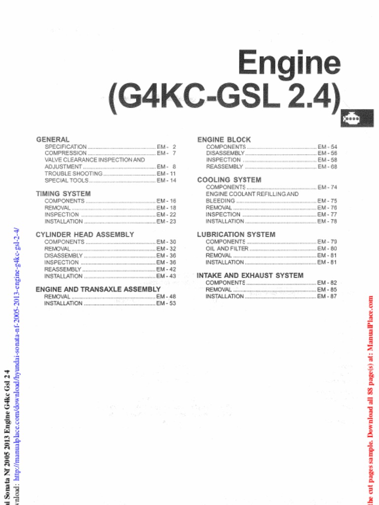 Hyundai Sonata NF 2005 2013 Engine g4kc GSL 2 4 | PDF