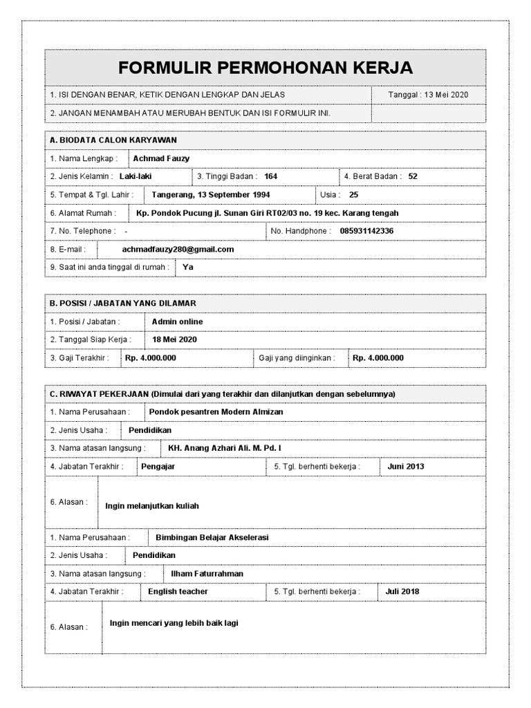 NEW Form Permohonan Kerja CNR | PDF