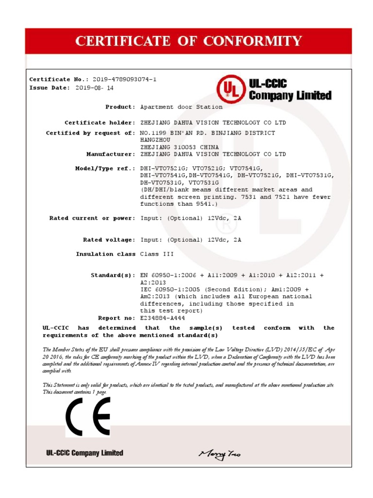VDH-904 CE LVD Certificate Apartment Door Station DHI-VTO7541G | PDF | Electrical Engineering