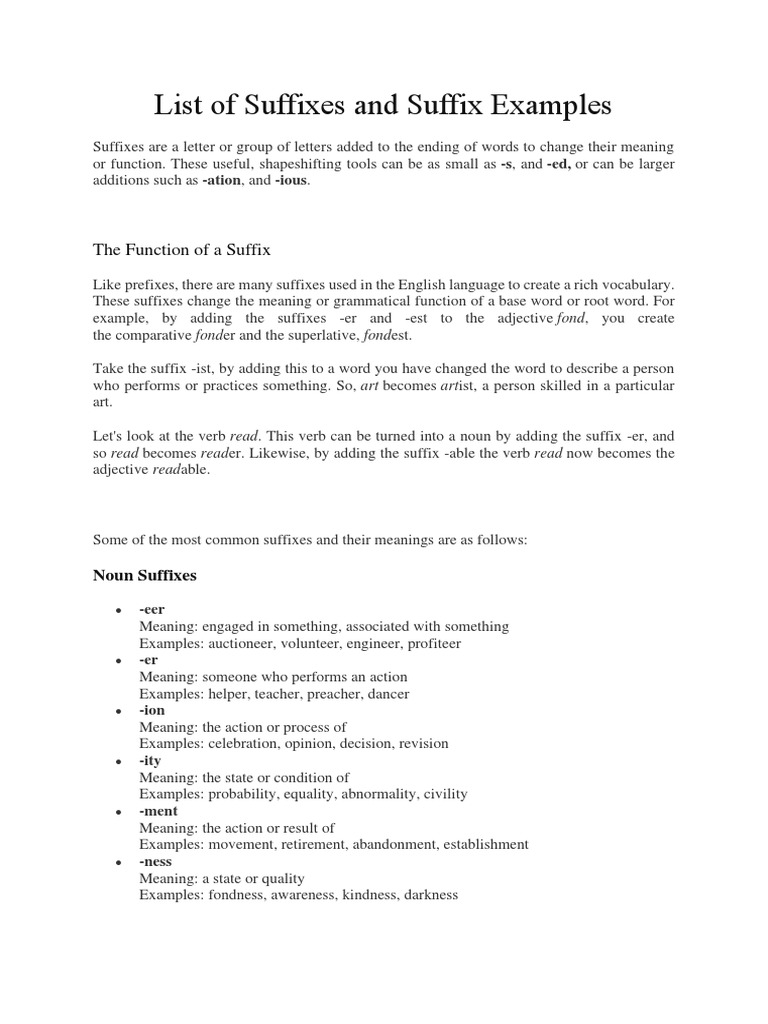 List of Suffixes and Suffix Examples | Download Free PDF | Word | Adjective