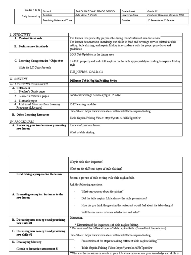 DLL FBS Table Napkin Folding | PDF | Learning | Teachers