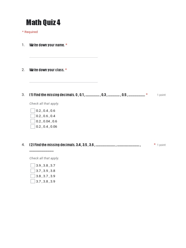 Quiz - 4 (Year 4) - Google Forms | PDF | Mathematics | Arithmetic