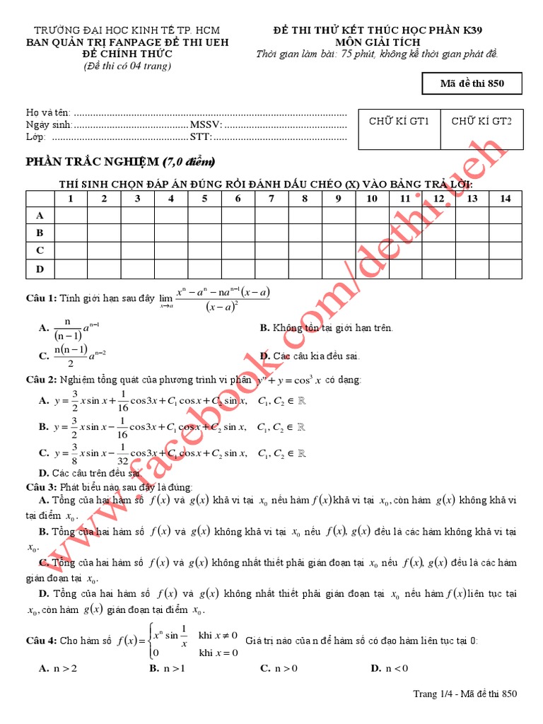 Đề Thi Ueh - đề Thi Thử Giải Tích Mã Đề 850 | PDF