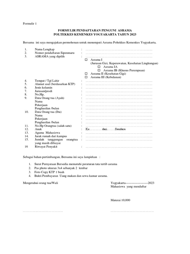 Formulir Pendaftaran Dan Surat Pernyataan - Asrama | PDF