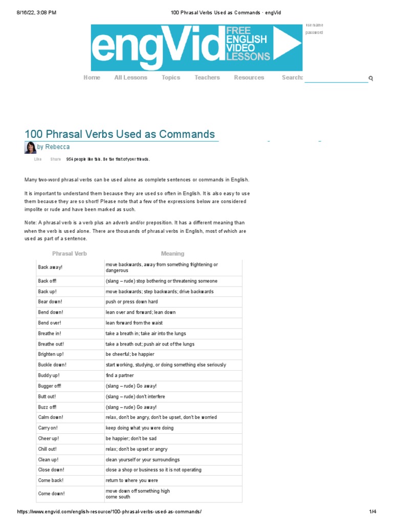 100 Phrasal Verbs Used As Commands Engvid | PDF
