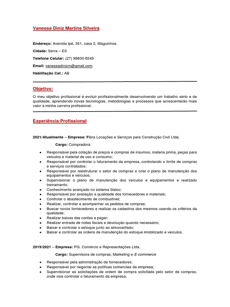 Currículo - Vanessa Diniz Martins Silveira | PDF | E-commerce | Marketing