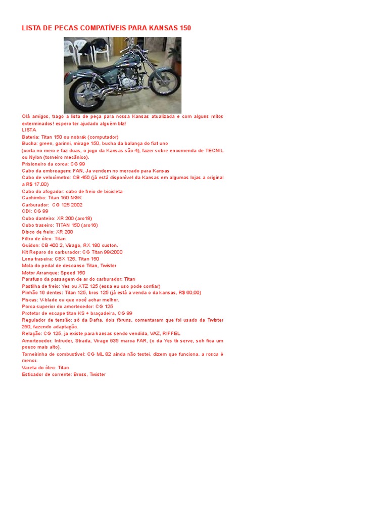 Lista de Pecas Compatíveis para Kansas 150 | PDF | Tecnologia de ...