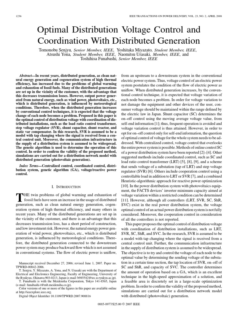 Optimal Distribution Voltage Control and Coordination With Distributed ... Optimal Distribution Voltage Control and Coordination With Distributed ...