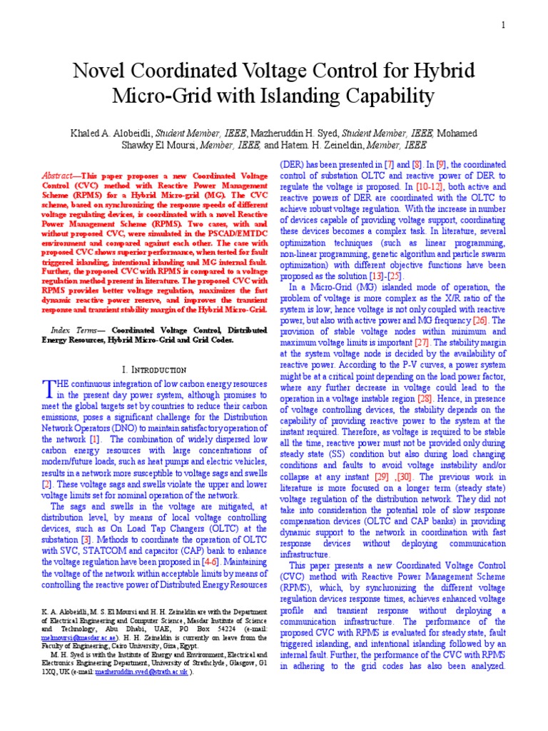 Alobeidlie Syed Etal IEEE TSG 2014 Novel Coordinated Voltage Control For Hybrid Micro Grid | PDF ...