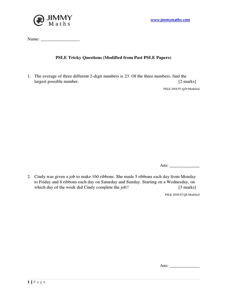 10 Tricky PSLE Math Questions | PDF