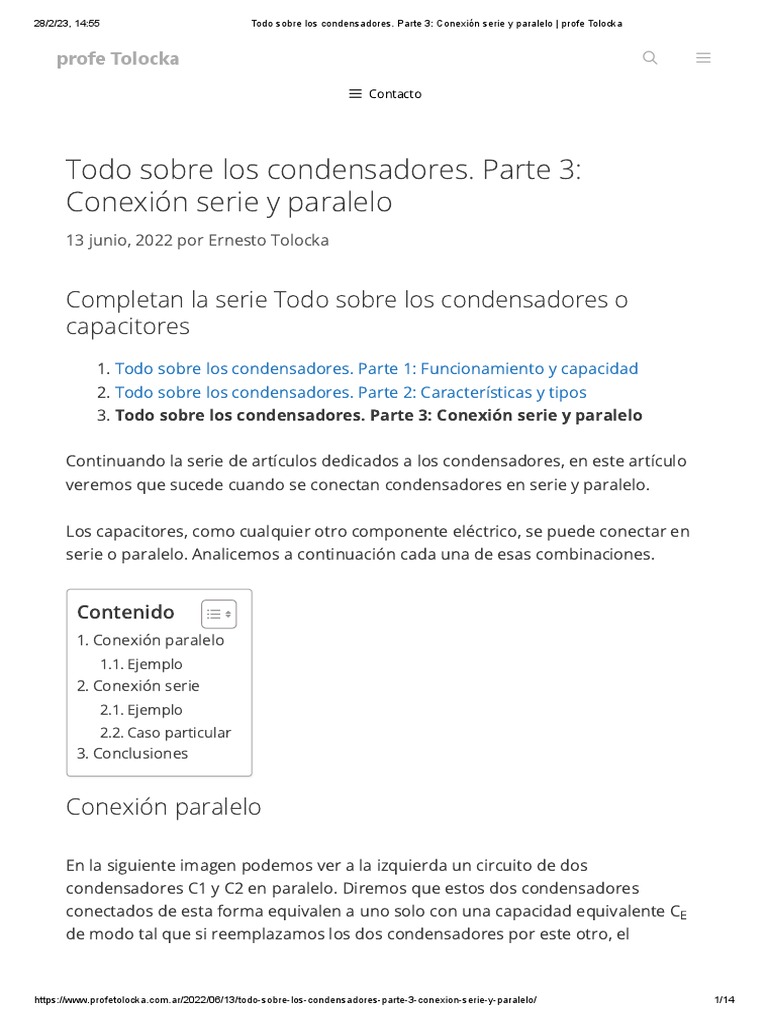 Todo Sobre Los Condensadores. Parte 3 - Conexión Serie y Paralelo - Profe Tolocka | PDF ...