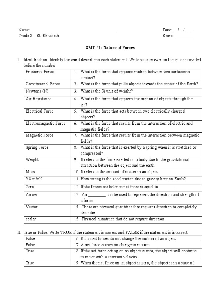 SMT1 Nature of Force Key | PDF | Force | Weight