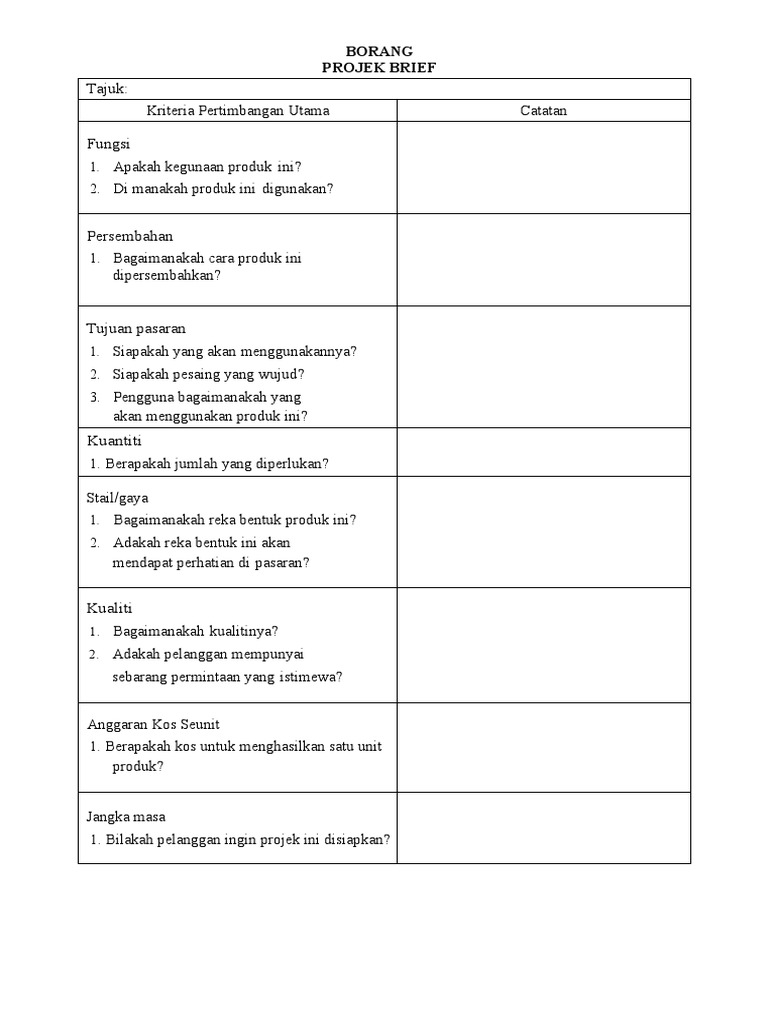 Borang Projek Brief & Jadual Bermaklumat | PDF