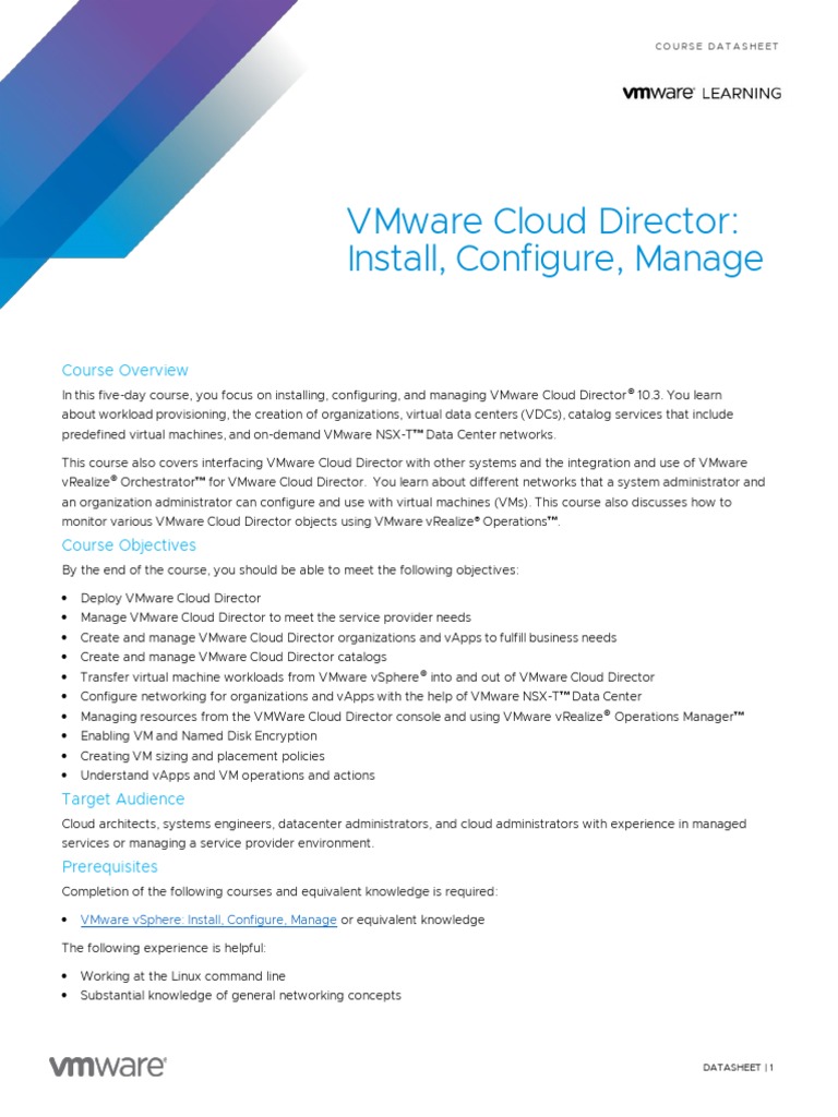 EDU_DATASHEET VMware Cloud Director Install Configure Manage v10.3 | PDF | Cloud Computing ...