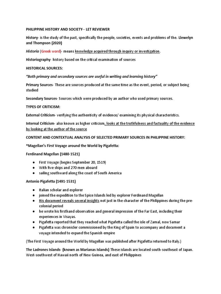 PHILIPPINE HISTORY AND SOCIETY - Reviewer | PDF | Primary Sources ...