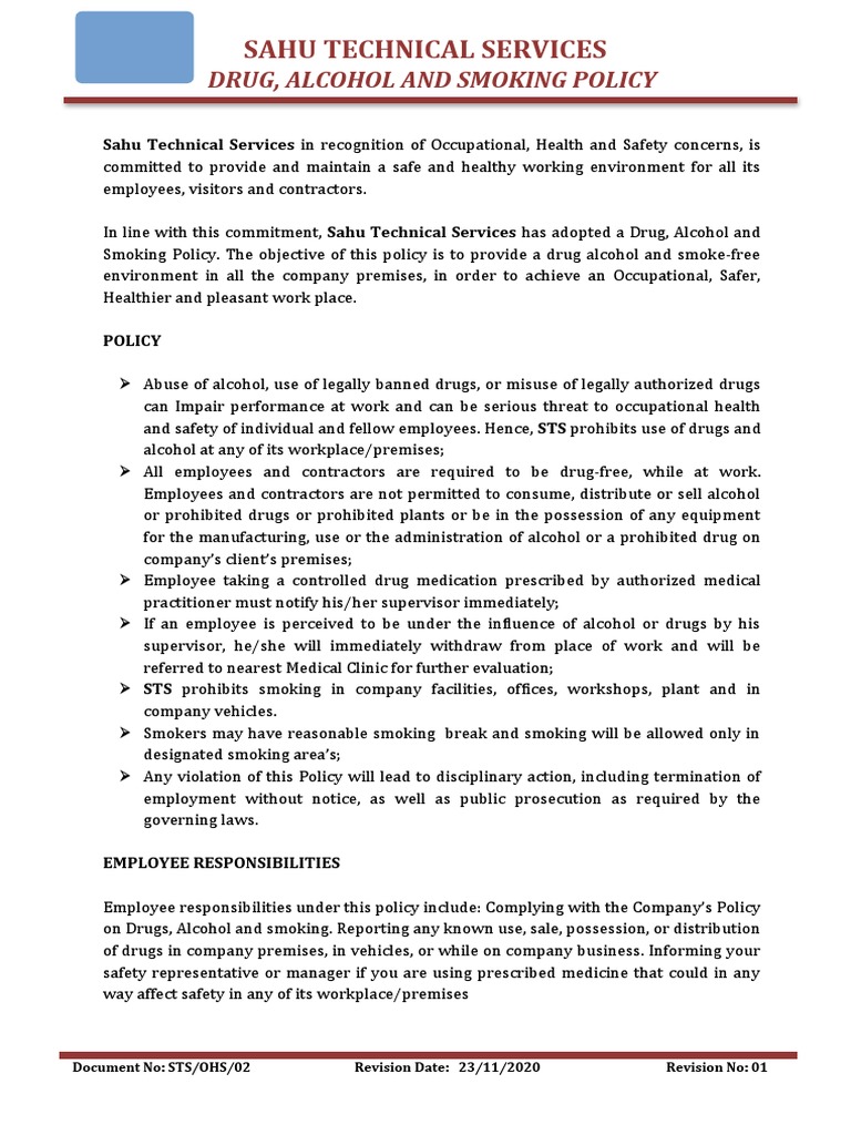 4.1 - B - STS Drug, Alcohol and Smoking Policy | PDF | Reasonable ...