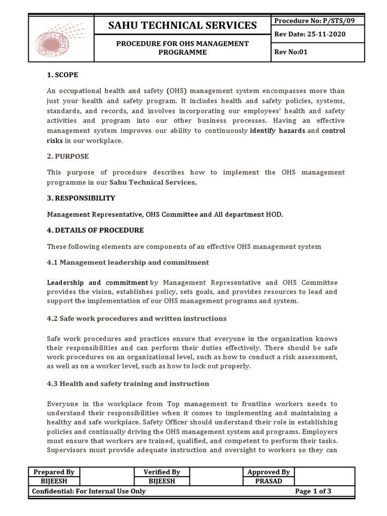 4.3 - B - 7 - Procedure For OHS Management Programme | PDF | Occupational Safety And Health ...