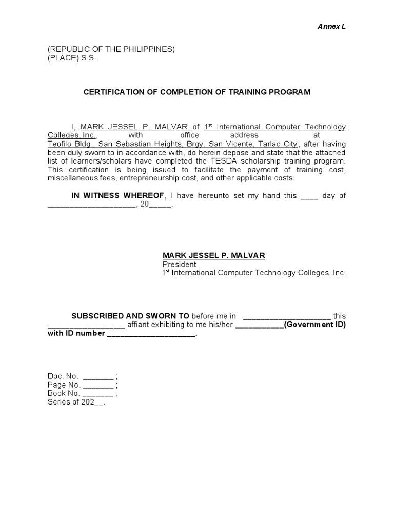 TESDA Training Completion Certification | PDF