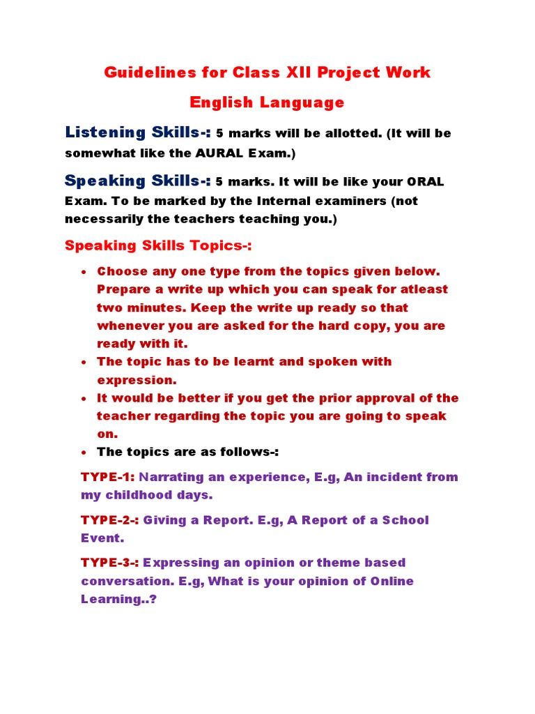 Guidelines For Class XII English Language 2023-24 Project Work | PDF | Communication | Human ...