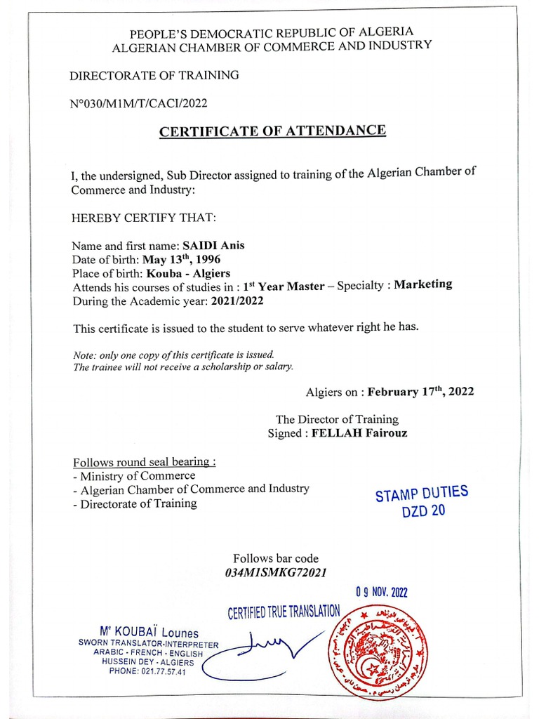 Translation Certificate of Attendance | PDF