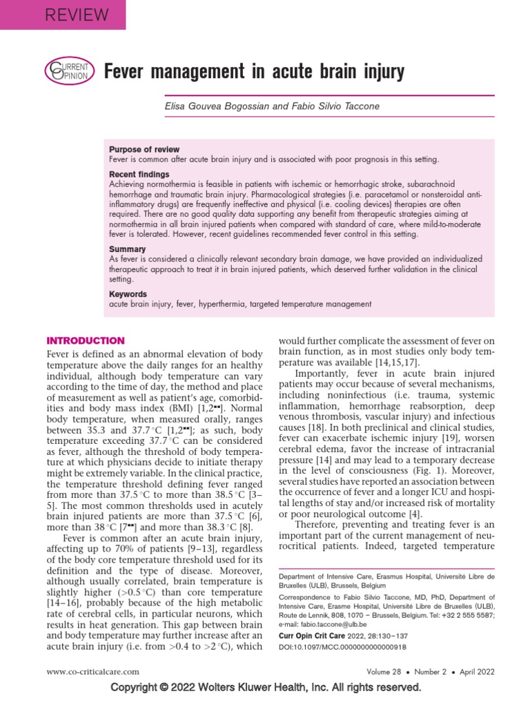 Fever Management in Acute Brain Injury: Review | PDF | Traumatic Brain ...