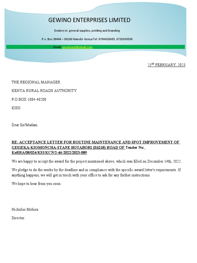 Acceptance of Road Maintenance Tender | PDF