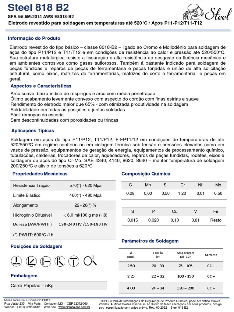 Steel 818 B2 (AWS E8018-B2) - Rev00-22 | PDF | Aço | Química