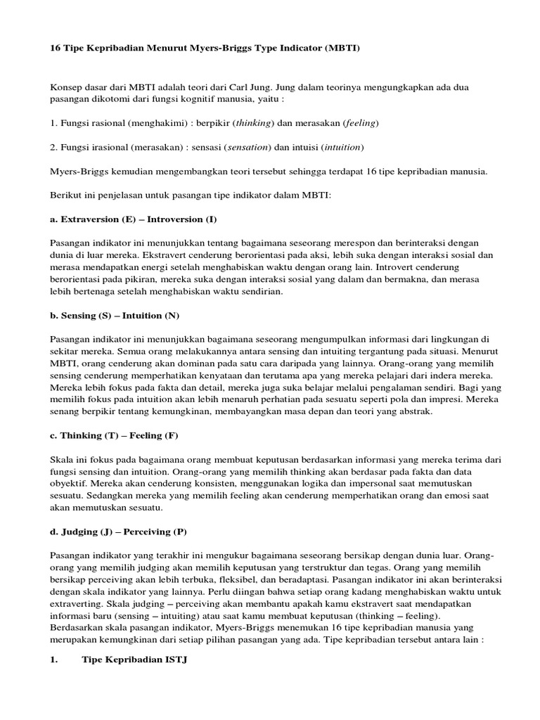 16 Tipe Kepribadian Menurut Myers-Briggs Type Indicator (MBTI) | PDF