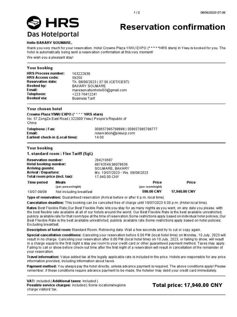 Confirmation of Your Hotel Reservation - Crowne Plaza YIWU EXPO (People's Republic of China), 10 ...