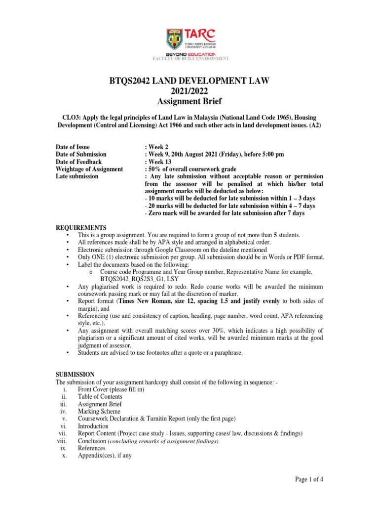 BTQS2042 Land Development Law Group Assignment and Marking Scheme | PDF ...