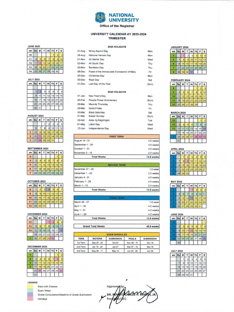 NU Detailed School Calendar AY 2023-2024 Term 1 (COLLEGE) | PDF