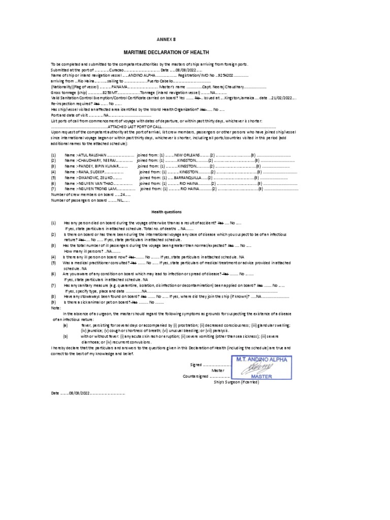 2. MARITIME HEALTH DECLARATION | PDF | Infection | Port