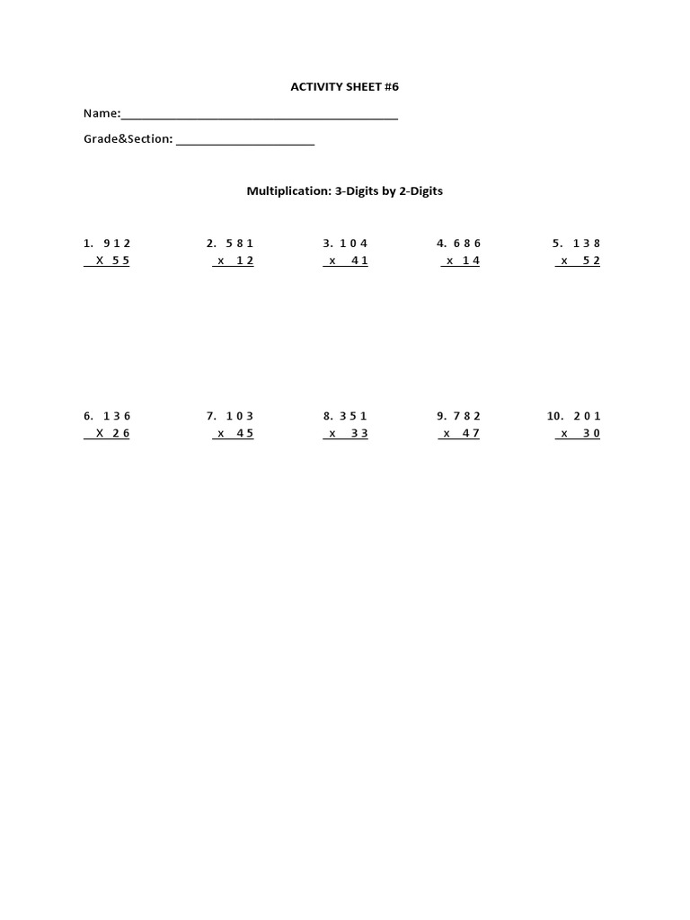 3-Digit by 2-Digit Multiplication Worksheets | PDF