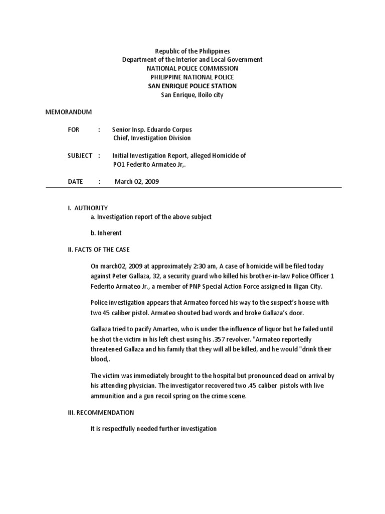 Initial Investigation Report: Homicide Case | PDF