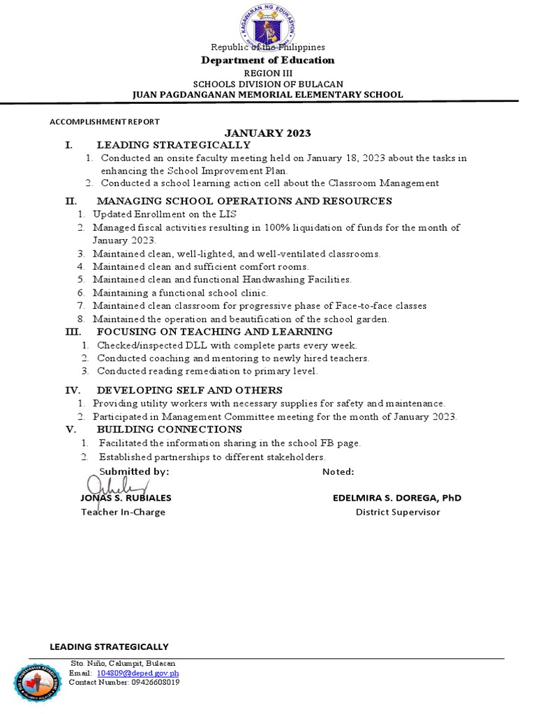 Monthly Accomplishment Report January | PDF | Teachers | Behavior Modification