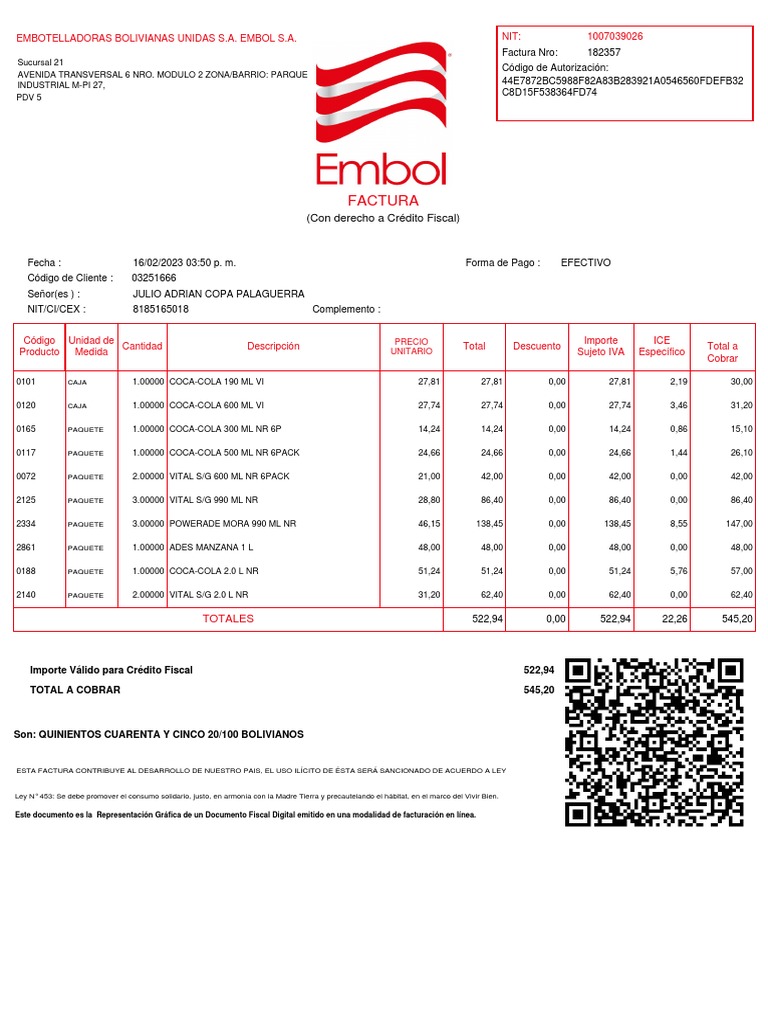 Factura_182357 | PDF | Coca Cola