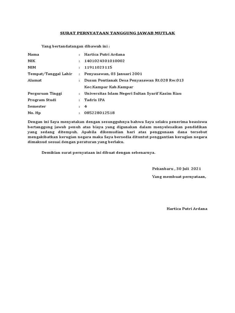 Contoh Format SPTJM | PDF