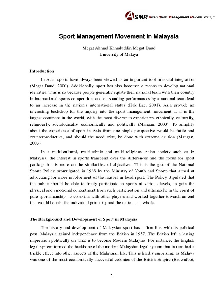 Sport Management Evolution in Malaysia | PDF | Malaysia | Sports