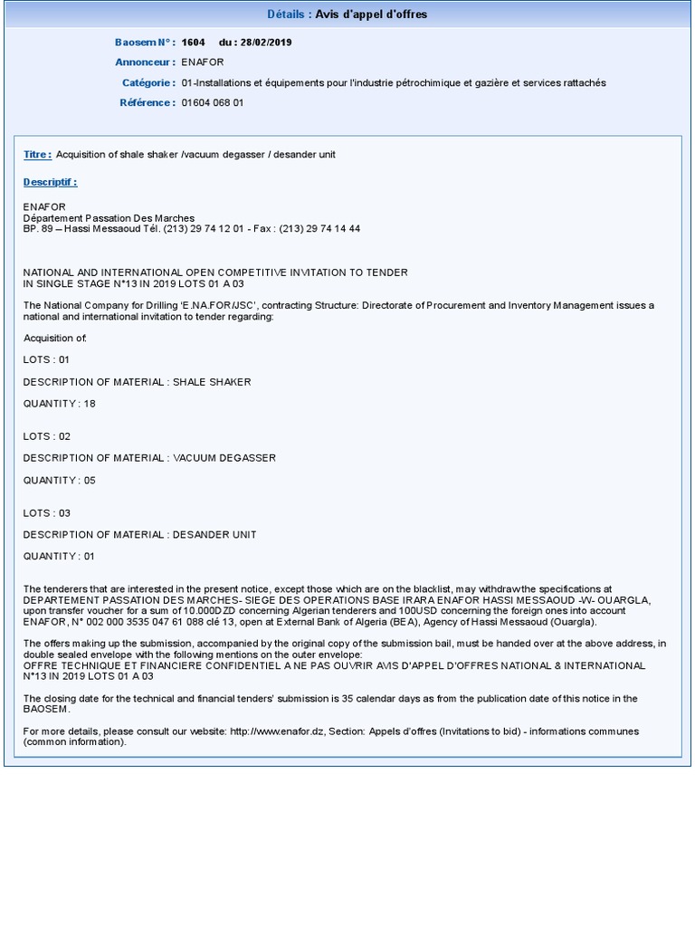 Enafor - Tender No.13 in 2019 LOTS 01 A 03 | PDF