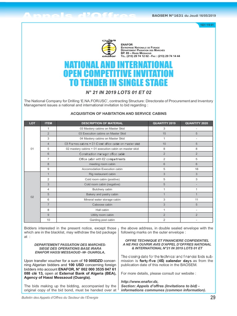 Enafor - Tender No.21 in 2019 LOTS 01 ET 02 - Supply of Drill Camps | PDF