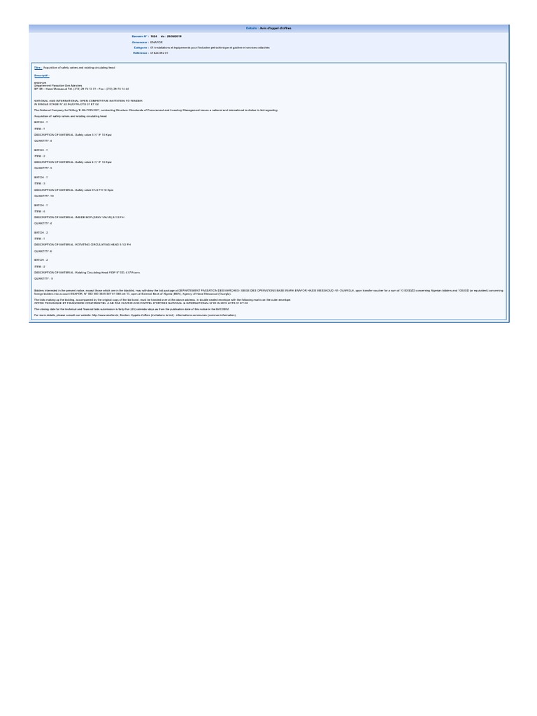 Enafor - Tender No.22 in 2019 LOTS 01 ET 02 - Supply of Valves ...