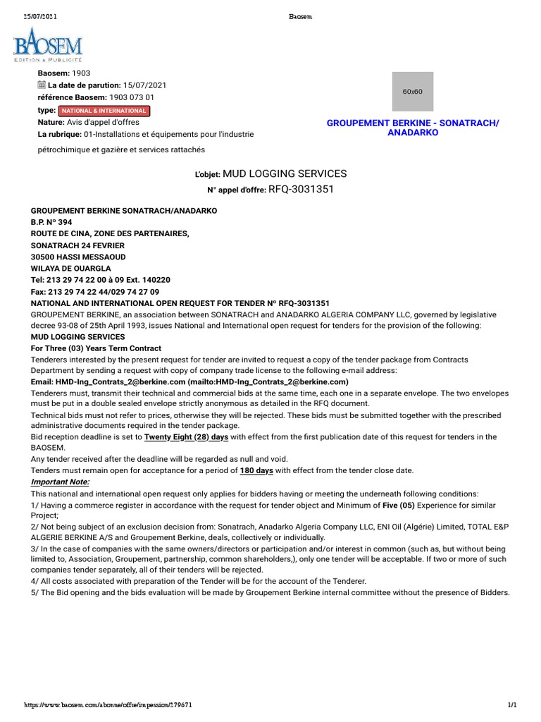 Berkine Group Tender for Mud Logging Services | PDF | Business