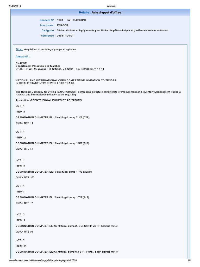 Enafor - Tender No.23 in 2019 LOTS 01 A 03 - Supply of Centrifugal ...