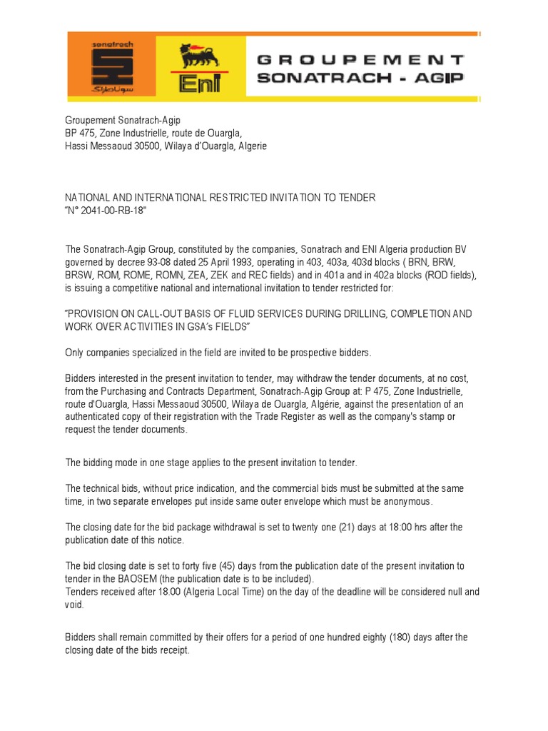 Gr. Sonatrach-Agip (GSA) - Tender No.2041-00-RB-18 - Provision of ...