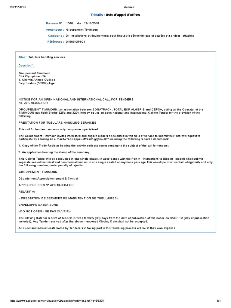 Gr. Timimoun - Tender No - Apc18-030-For - Tubular Running Services ...