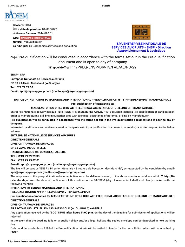 ENSP - Tender No.111 - PREQ - ENSP - DIV-TS - FAB - AE - PS - 22 ...