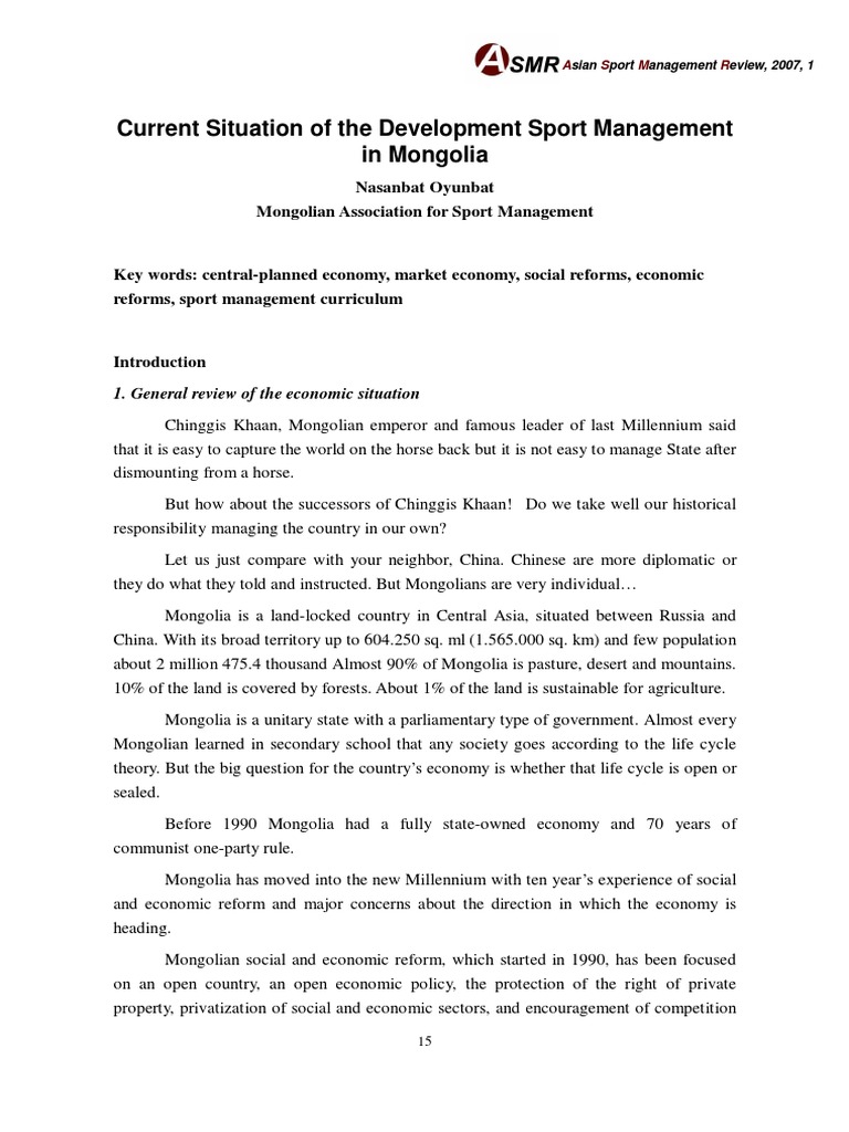 Current Situation of The Development Sport Management in Mongolia | PDF | Mongolia | Economic Growth