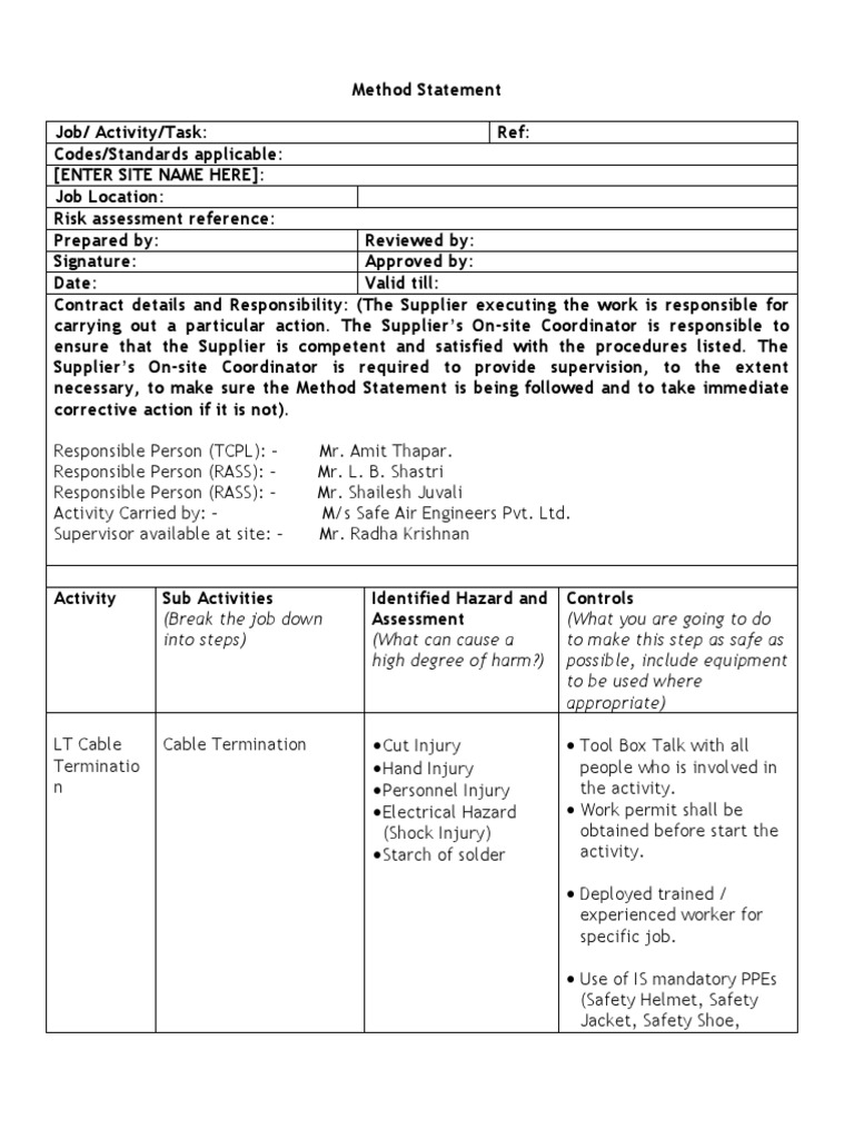 01 Method Statement For Electrical Cable Termination | Download Free PDF | Risk | Risk Assessment