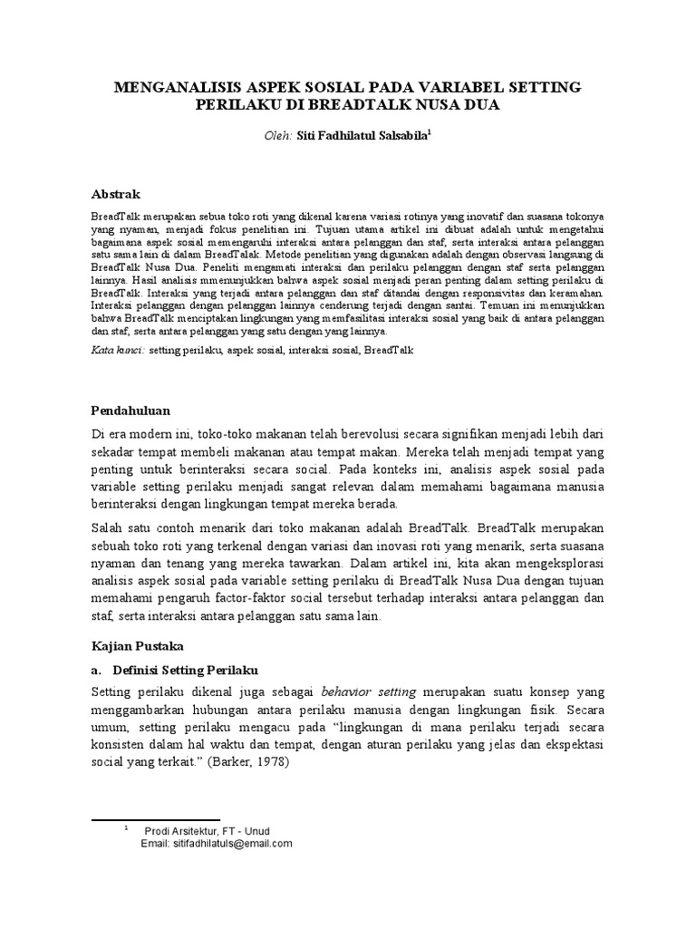 Menganalisis Aspek Sosial Pada Variabel Setting Perilaku Di Breadtalk Nusa Dua | PDF